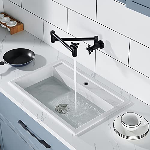 KRUZOO Pot Filler Kitchen Faucet Solid Brass Folding Wall Mount Stretchable Double Joint Swing Arm Single Hole 2 Handles Extending Arm,Matte Black