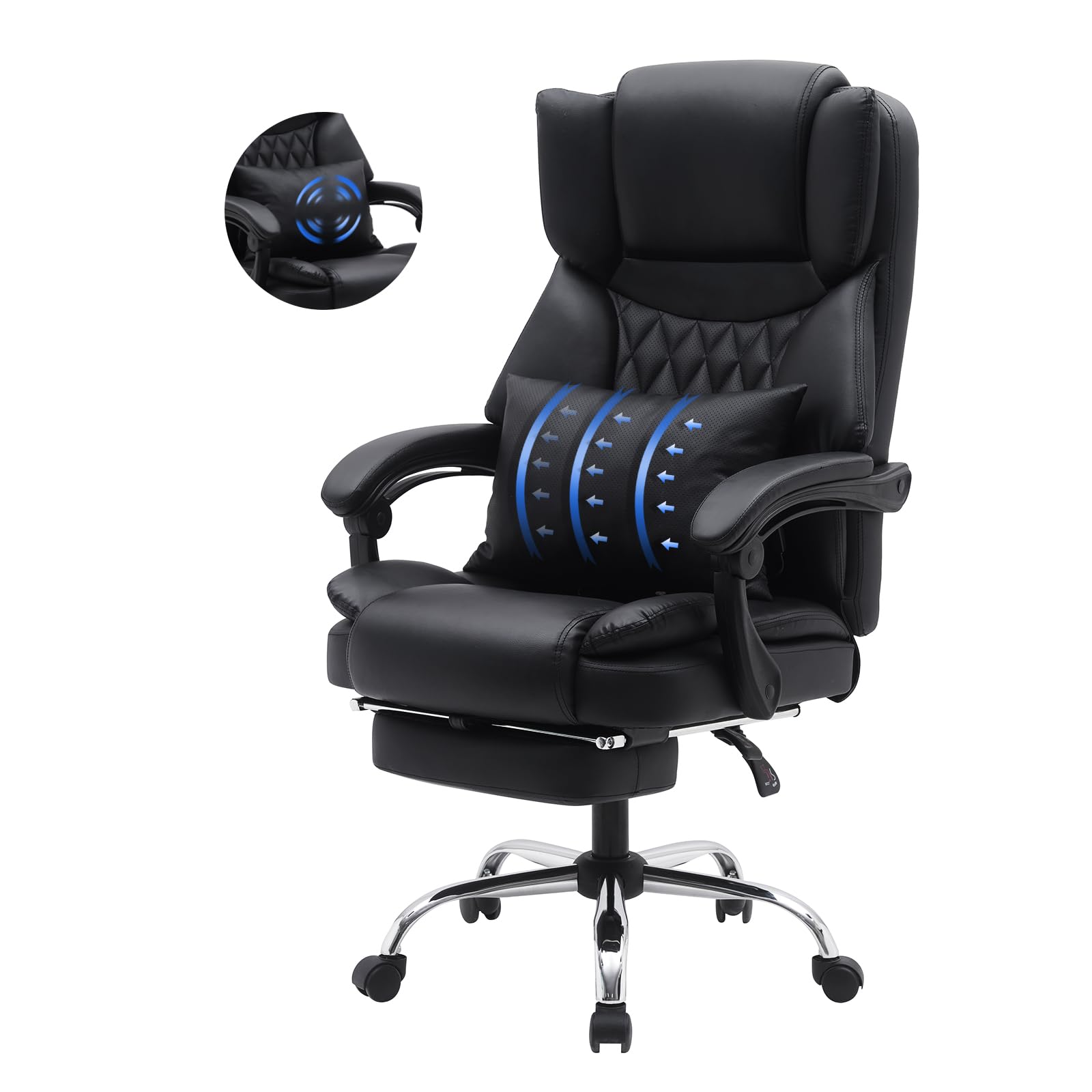 Office Chair-Ergonomic Computer Chair with Extra Lumbar Support Pillow and Footrest, Comfortable Office Chair, Adjustable Height, Fully Reclining, Black