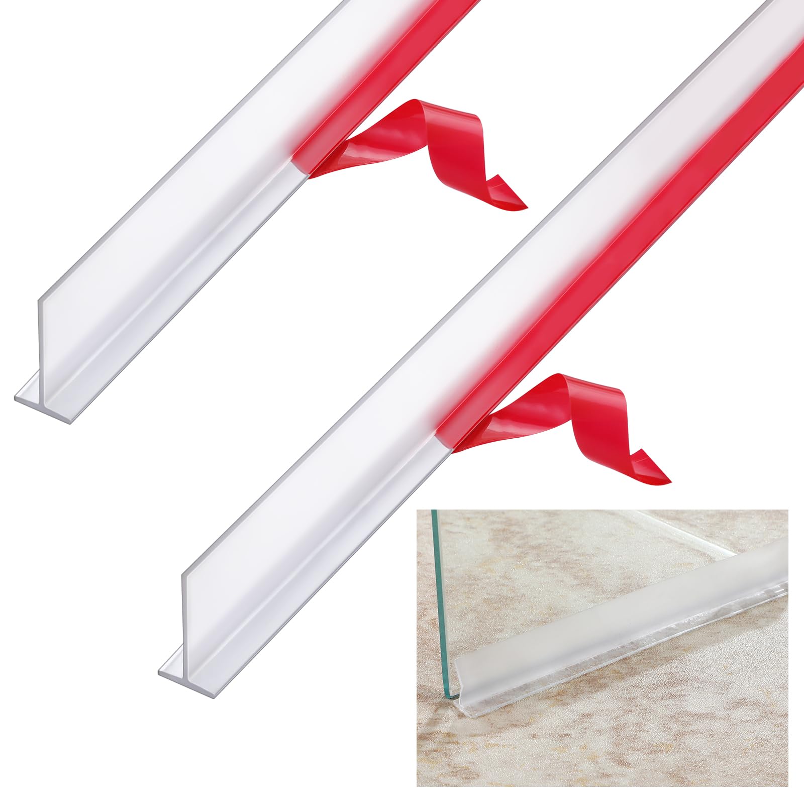Newtay 2 PC Clear Vinyl T-Type Seal Strip with Pre-Applied Self Adhesive Backing Bathroom Threshold Water Strip Dam Shower Guard Shower Door Seal Strip for 1/2" Gap - 73" Long Frameless Shower Door