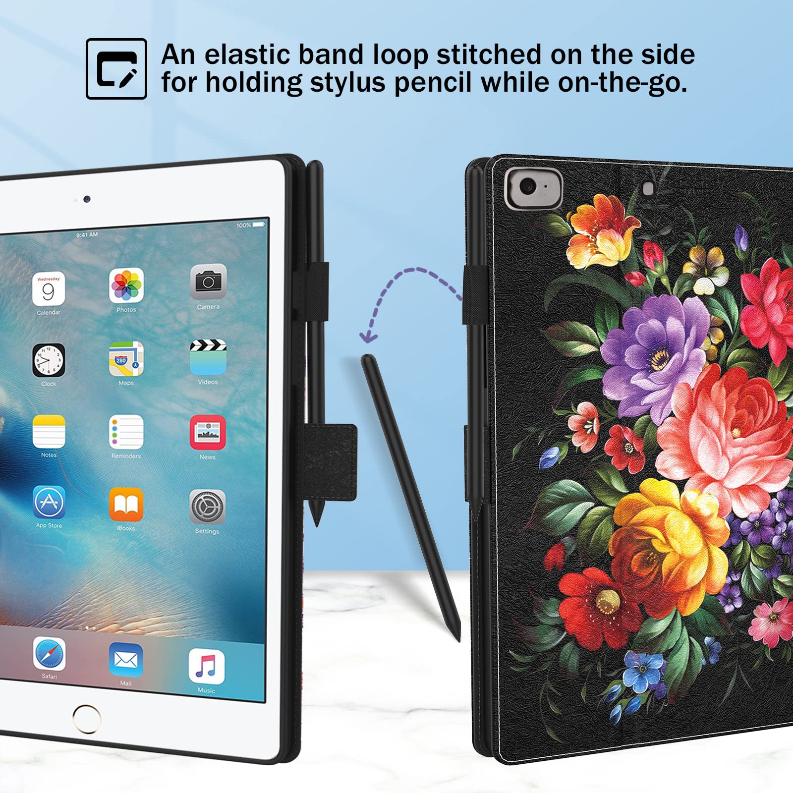 Dteck Case for iPad Mini (5th/4th Generation), iPad Mini 3/2/1 Case 7.9" - Flip Leather Smart Case with [Auto Sleep Wake/Adjustable Viewing-Stand Angle] Shockproof Protective Cover (Flowers Black)