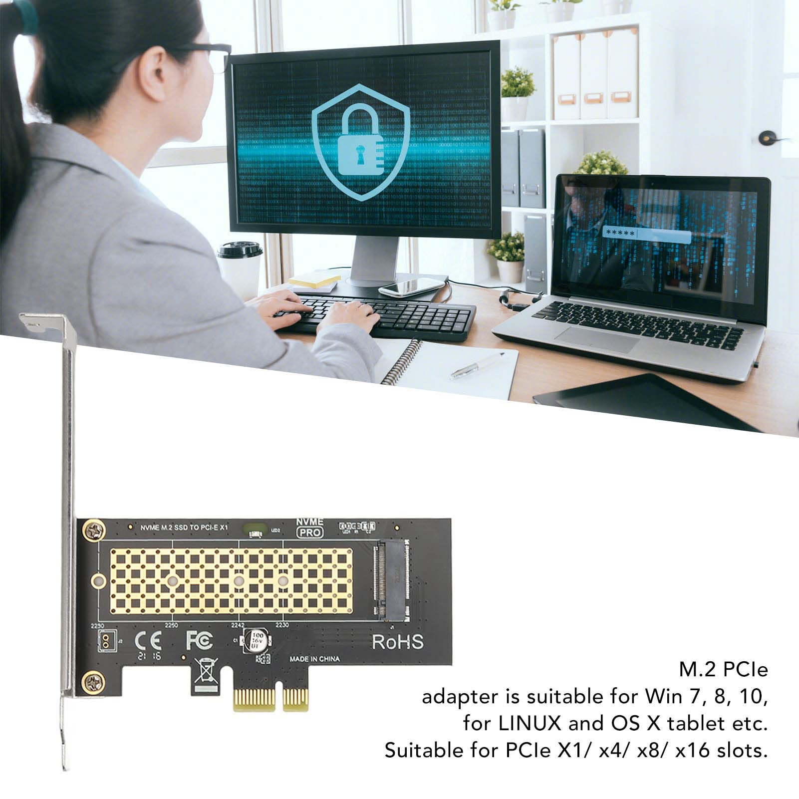 M.2 SSD to PCIe Adapter, Heat Sink NVMe PCIe Adapter 5Gbps Bandwidth PCIe to M.2 SSD Plug and Play for PC
