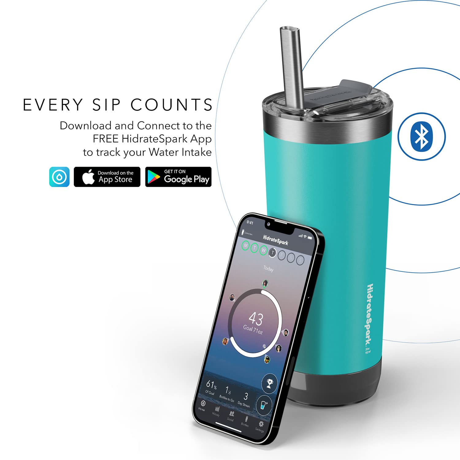 Hidrate Spark PRO Smart Tumbler with Lid & Straw β Insulated Stainless Steel β Tracks Water Intake with Bluetooth, LED Glow Reminder When You Need to Drink β 20oz, Sea Glass