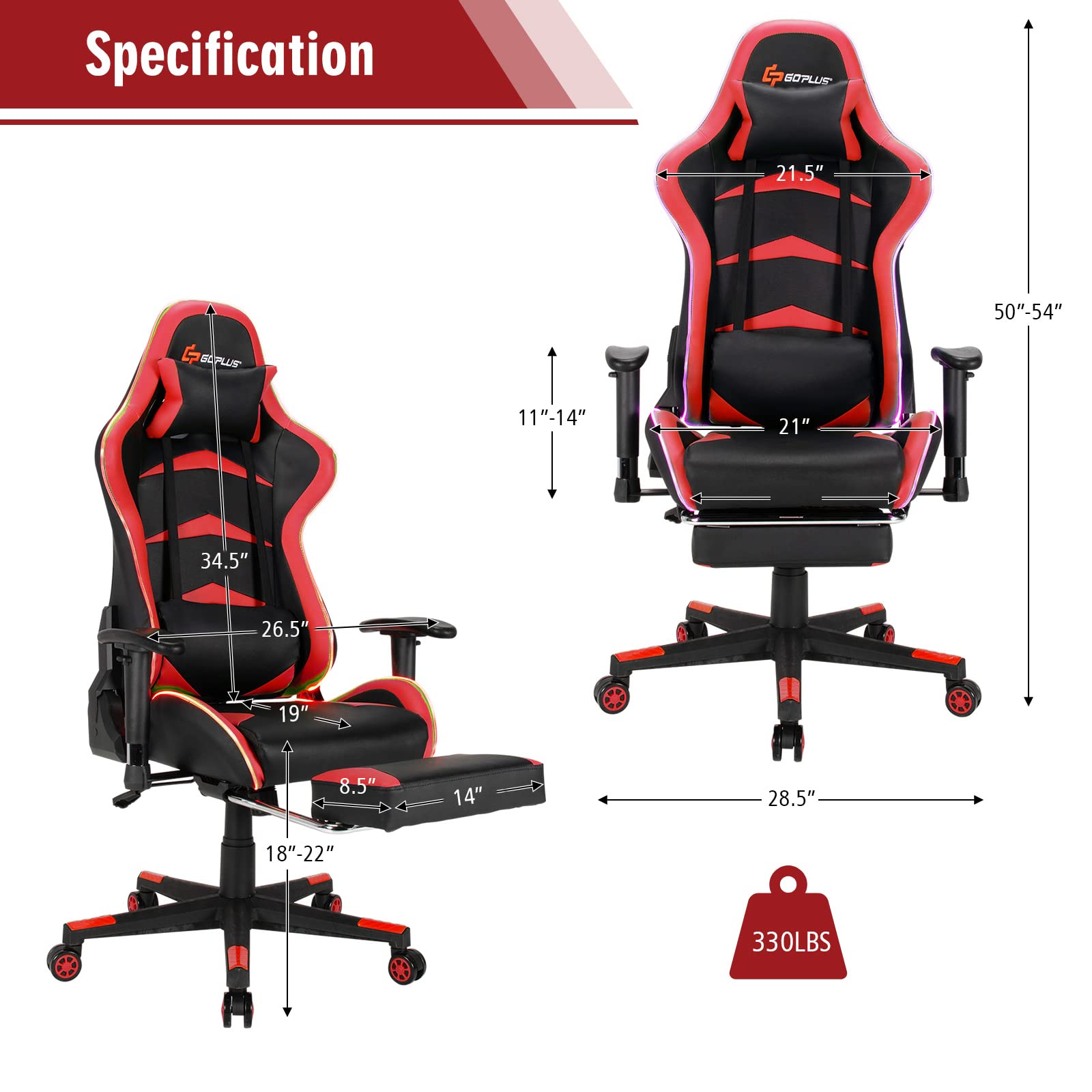 Goplus Massage Gaming Chair with LED Light, Reclining Backrest Handrails and Seat Height Adjustment Racing Computer Office Chair with Footrest, Ergonomic High Back PU Swivel Game Chair