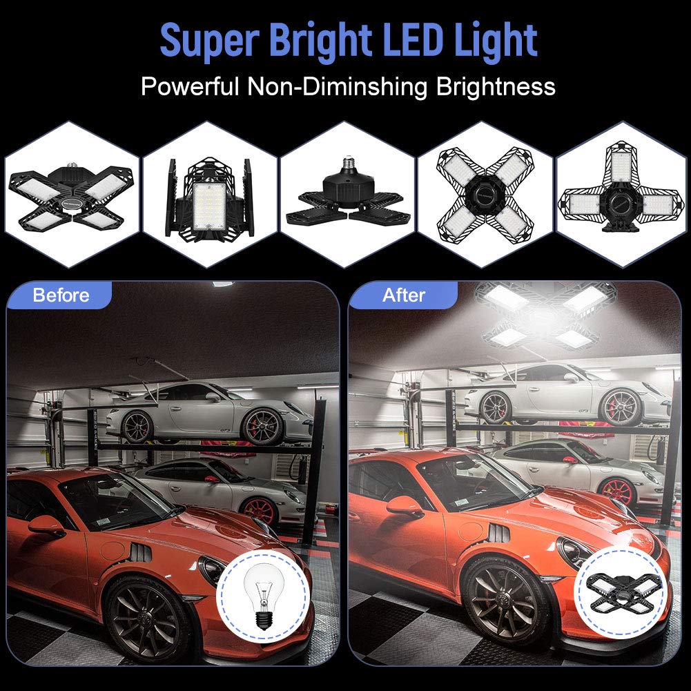 Fyzpaea LED Garage Lights, 150W E26/E27 15000LM Basement Lights, Deformable LED Garage Ceiling Lights with 4 Adjustable Panels for Workshop, Industrial Lamp, Barn, Cellar, Warehouse