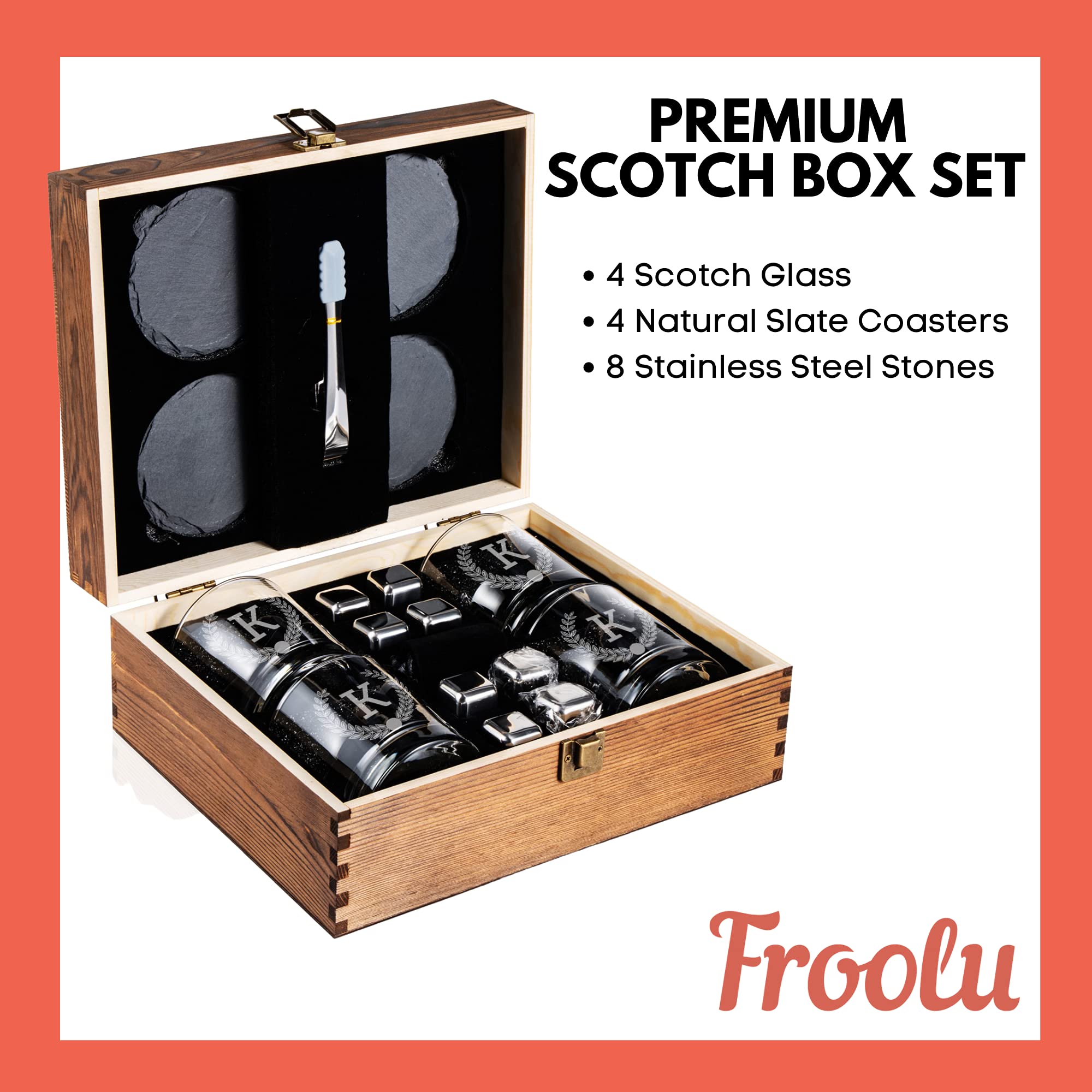Froolu Customized Whiskey Gifts for Men - Personalized Scotch Glass Gift Set with Box - Engraved Wisky Rocks Glasses for Boyfriend, Husband, Dad - Valentine's, Birthday, Anniversary.
