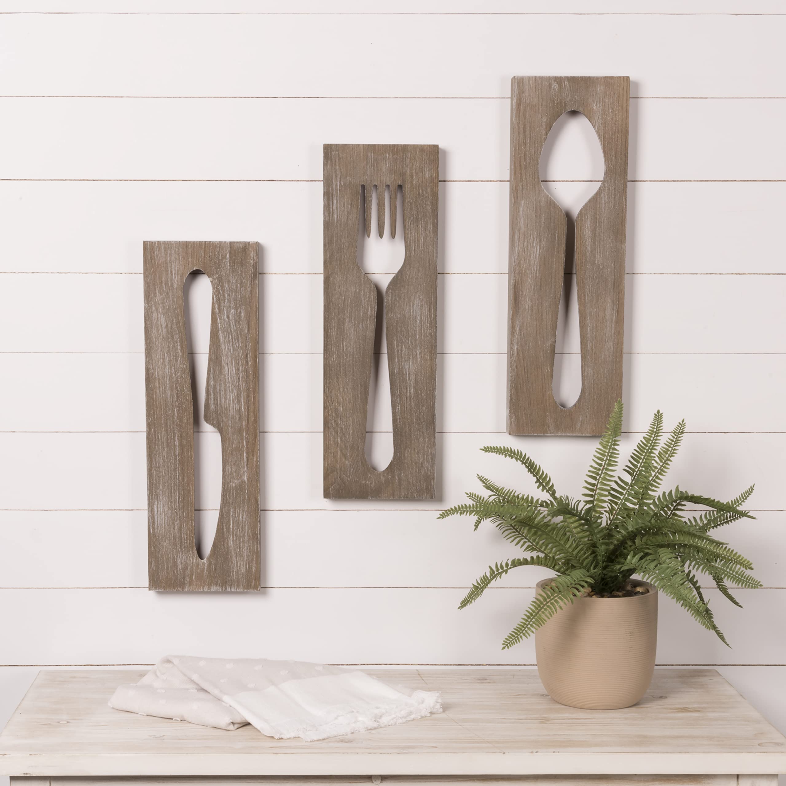 Haven Home Decor Set of 3 Oversized Utensils Kitchen Rustic Plank Art, Fork Knife Spoon 18-inches x 18-inches, Natural