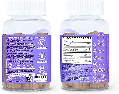 Sugarbear Sleep Aid Gummies for Adults with Melatonin 6mg, Magnesium, L-Theanine, 5 HTP, B6, Valerian Root, Lemon Balm - Vegan Chewable Sleep Supplement, Sleep Vitamins (1 Month Supply)