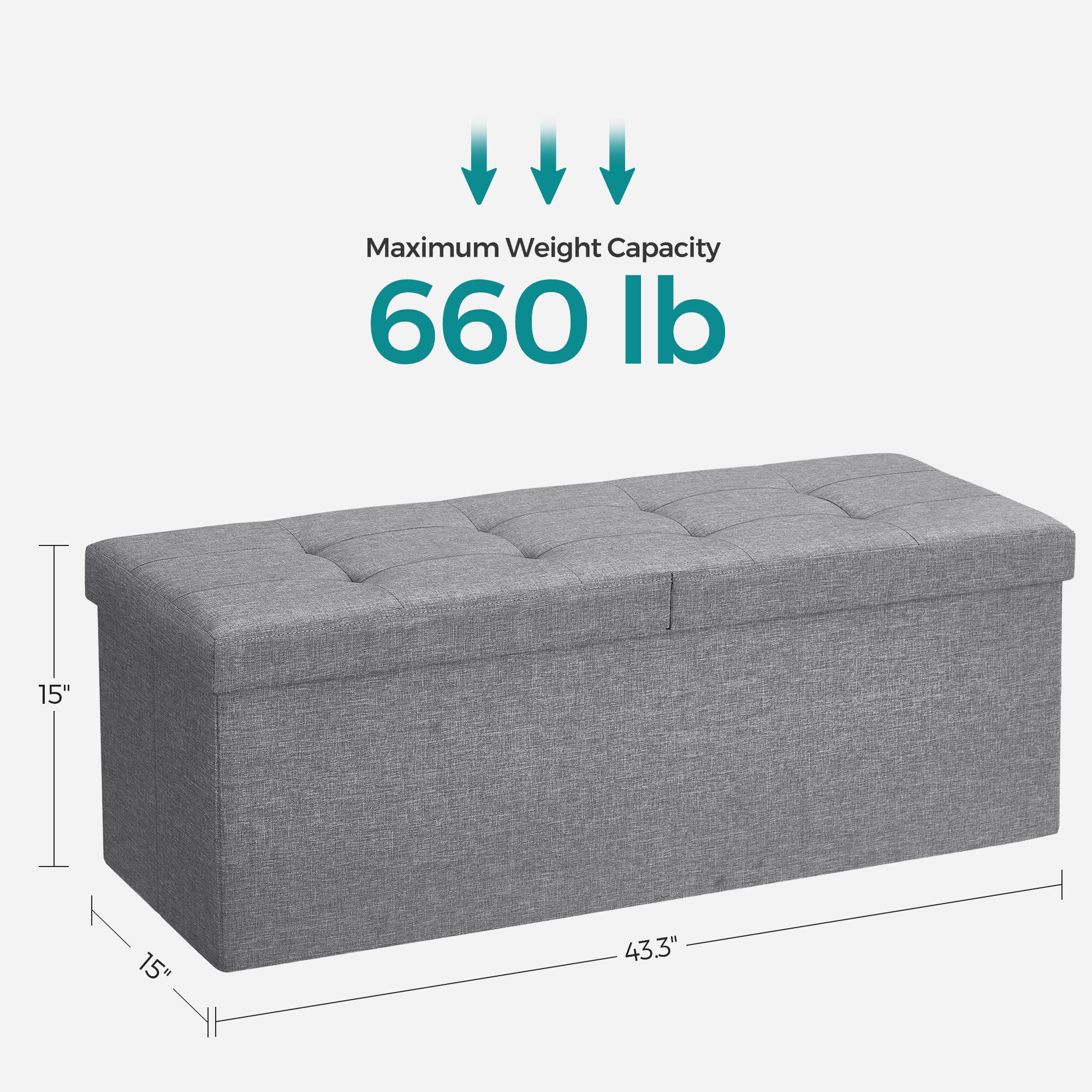 SONGMICS Storage Ottoman, Foldable Storage Bench, 15 x 43 x 15 Inches, Flipping Lid, 660 lb Load Capacity, for Entryway, Living Room, Bedroom, Ash Gray ULSF71G