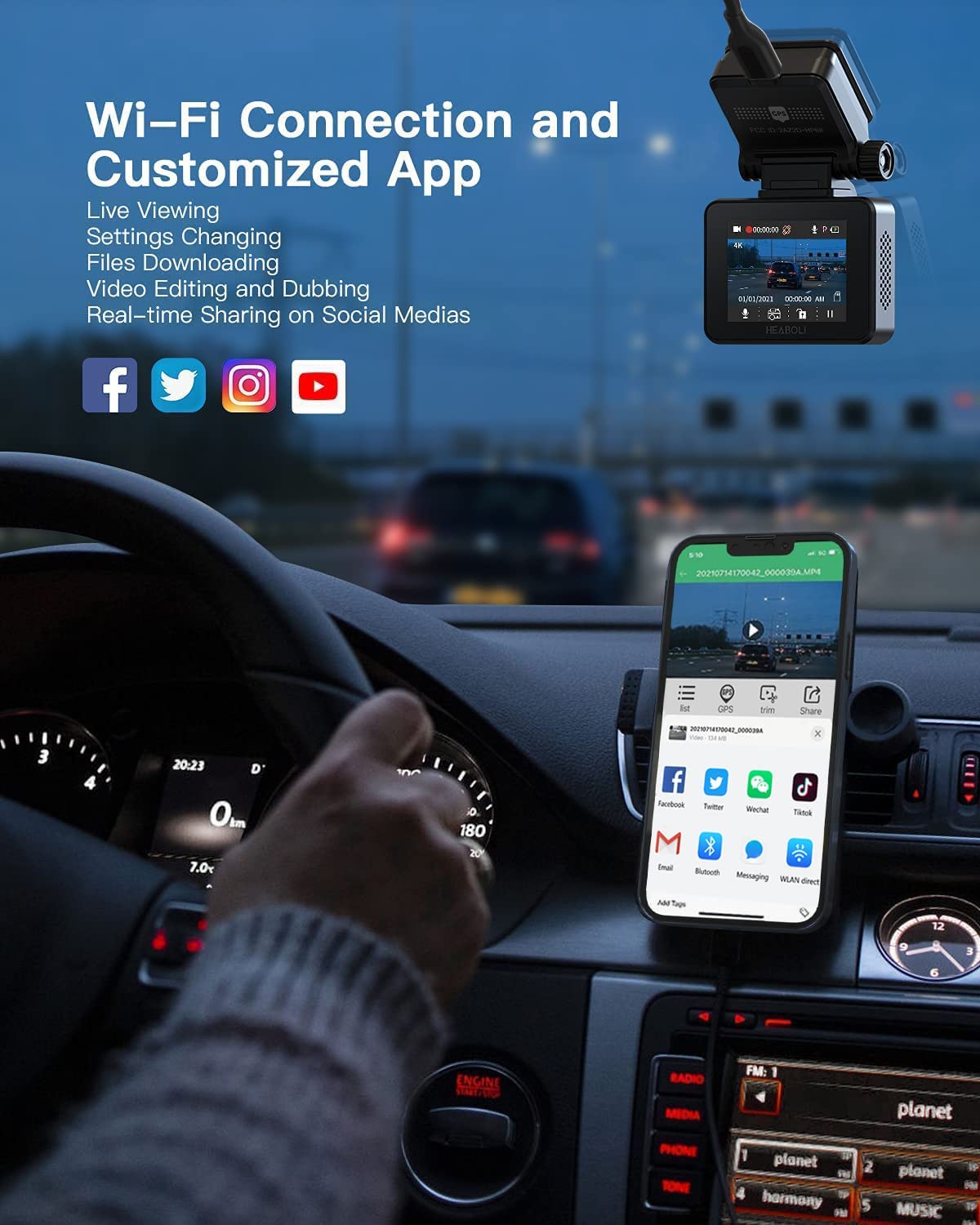 Heaboli 4K Dash Cam with WiFi, GPS and Speed, Front Dash Camera for Cars with Super Night Vision, 24-Hour Parking Monitor,Loop Recording,171° Wide Angle,Support APP