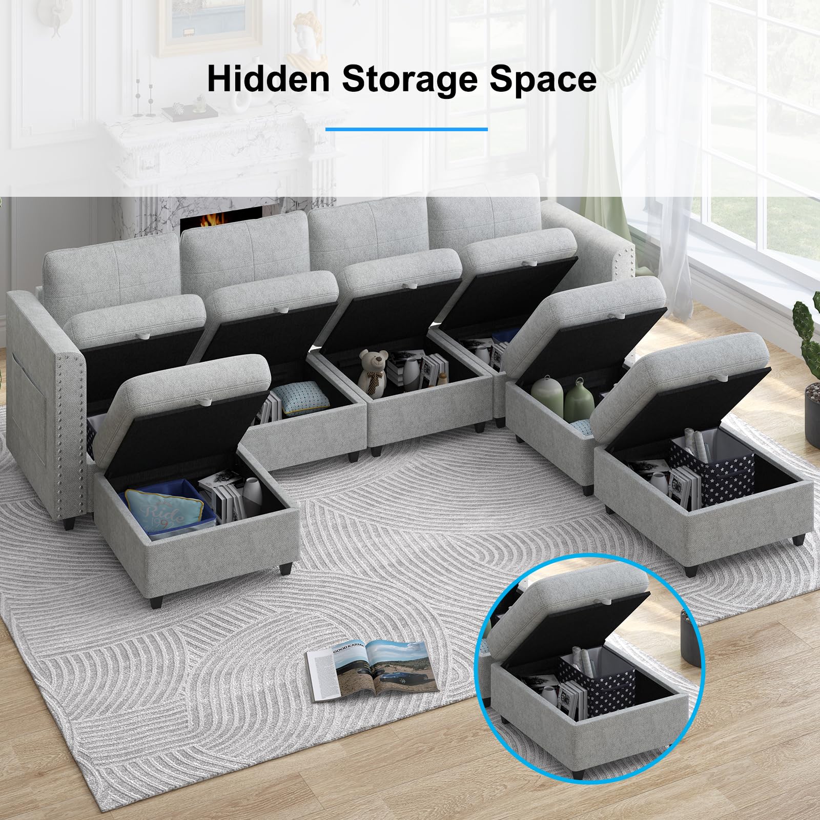 PUREMIND 110" U Shaped Sectional Couch, Modular Convertible Sectional Sofa with Storage, 7 Seat Sofa Couches for Living Room, Light Grey
