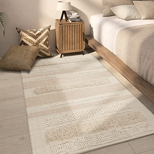 SUMGAR Boho Tribal Area Rug-3x5 Woven Cotton Rug for Bedroom, Washabel Rug, Bedroom Decor, Beige Cream Neutral Rug, Handmade Tufted Knoted Soft Rug with Sparkle Gold Metalic, for Living Room Entryway