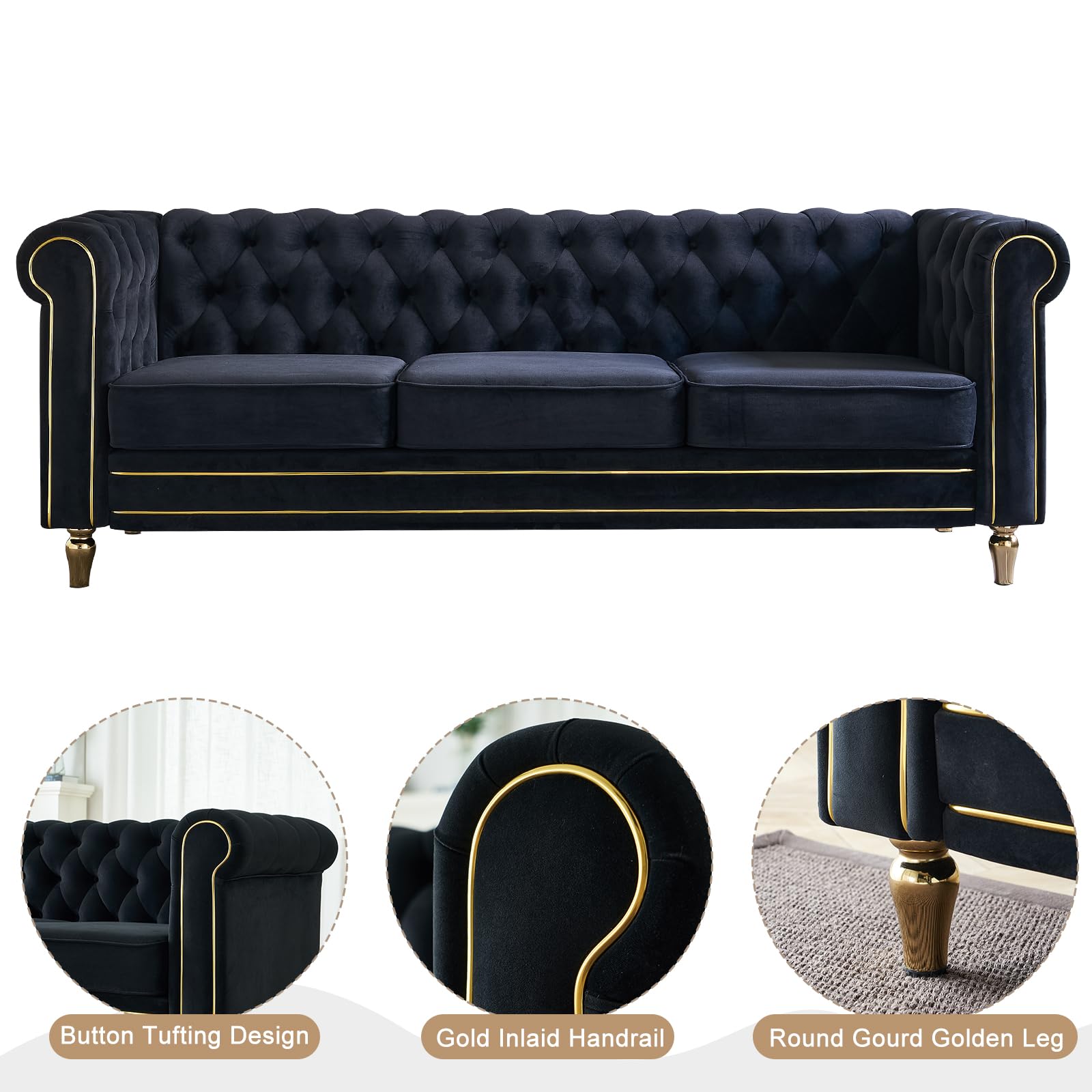 Neylory Modern Velvet Sofa Couch for Living Room,85 Inch 3 Seater Chesterfield Couches with Button Tufted Back and Roll Arms,Upholstered Sofas for Bedroom,Apartment,Office (Black)