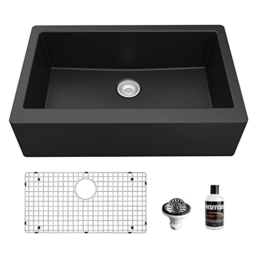 Karran QA-740 Farmhouse/Apron-Front Quartz Composite 34 in. Single Bowl Kitchen Sink Kit in Black