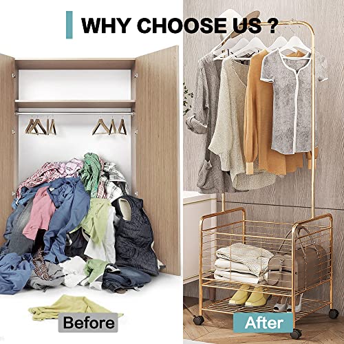 lonmtos Rolling Laundry Cart,Laundry Basket With Wheels And Hanging Rack,Laundry Cart On Wheels,Laundry Cart With Wheels And Hanging Rack,Laundry Organizer With Hanging Rack(Gold)