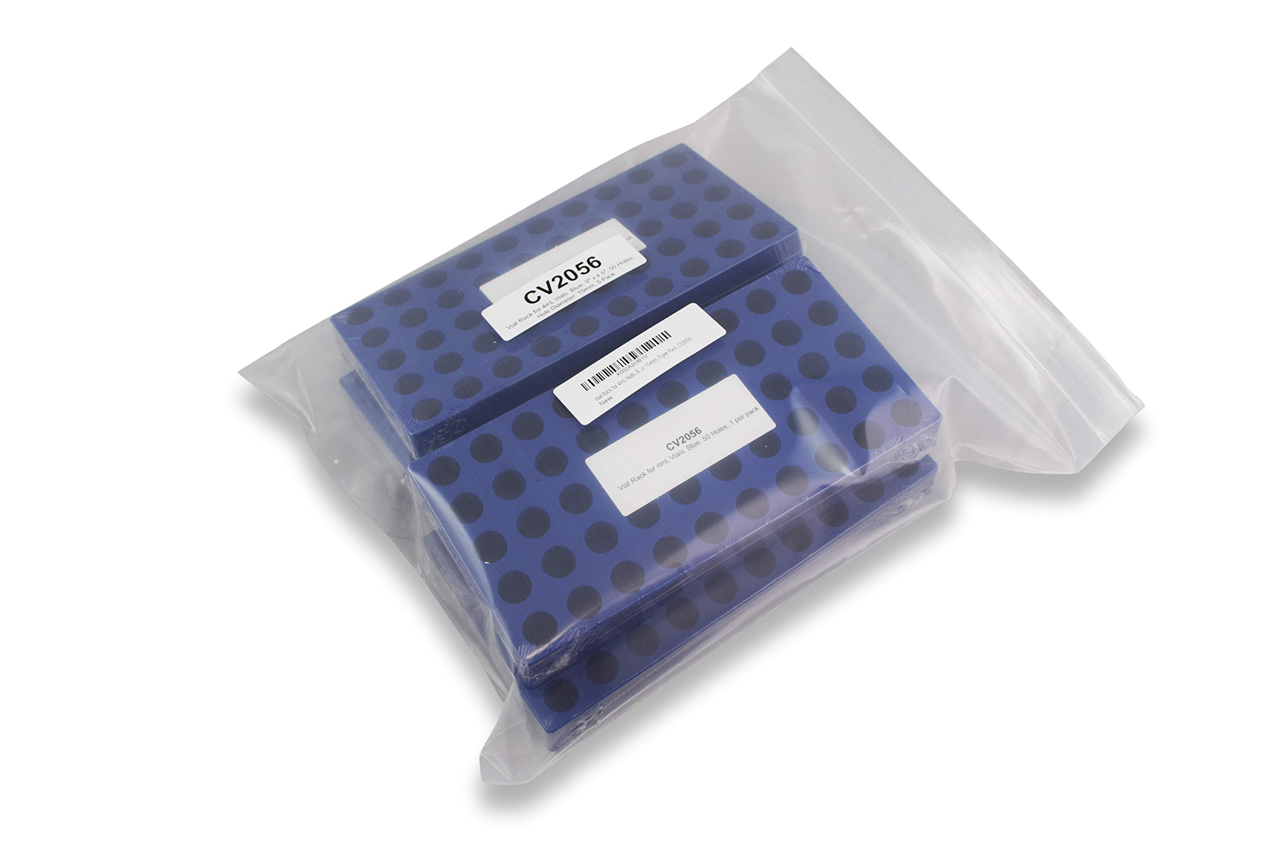 Tisch Scientific Vial Racks for 4mL Vials | 5 Pack | Blue Polypropylene | 9.25" x 4.5" x 1.125" | 50 Holes | Hole Diameter: 15mm | Hole Depth: 22mm | Autoclavable | CV2056