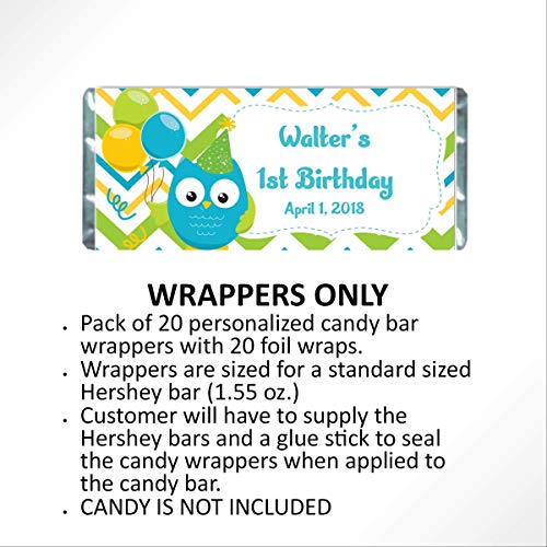 Owl Birthday Party Favors, Personalized Candy Wrappers for Chocolate, Pack of 20 Custom Hershey Bar Labels