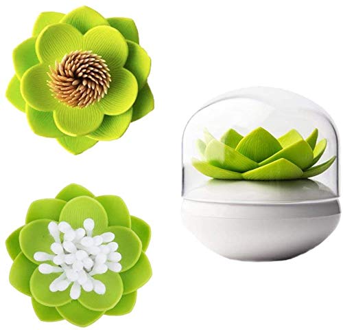 Niviy Q-Tips Holder Cotton Swab Organizer Lotus Shape Swab Cosmetic Storage Bathroom Decor, Green