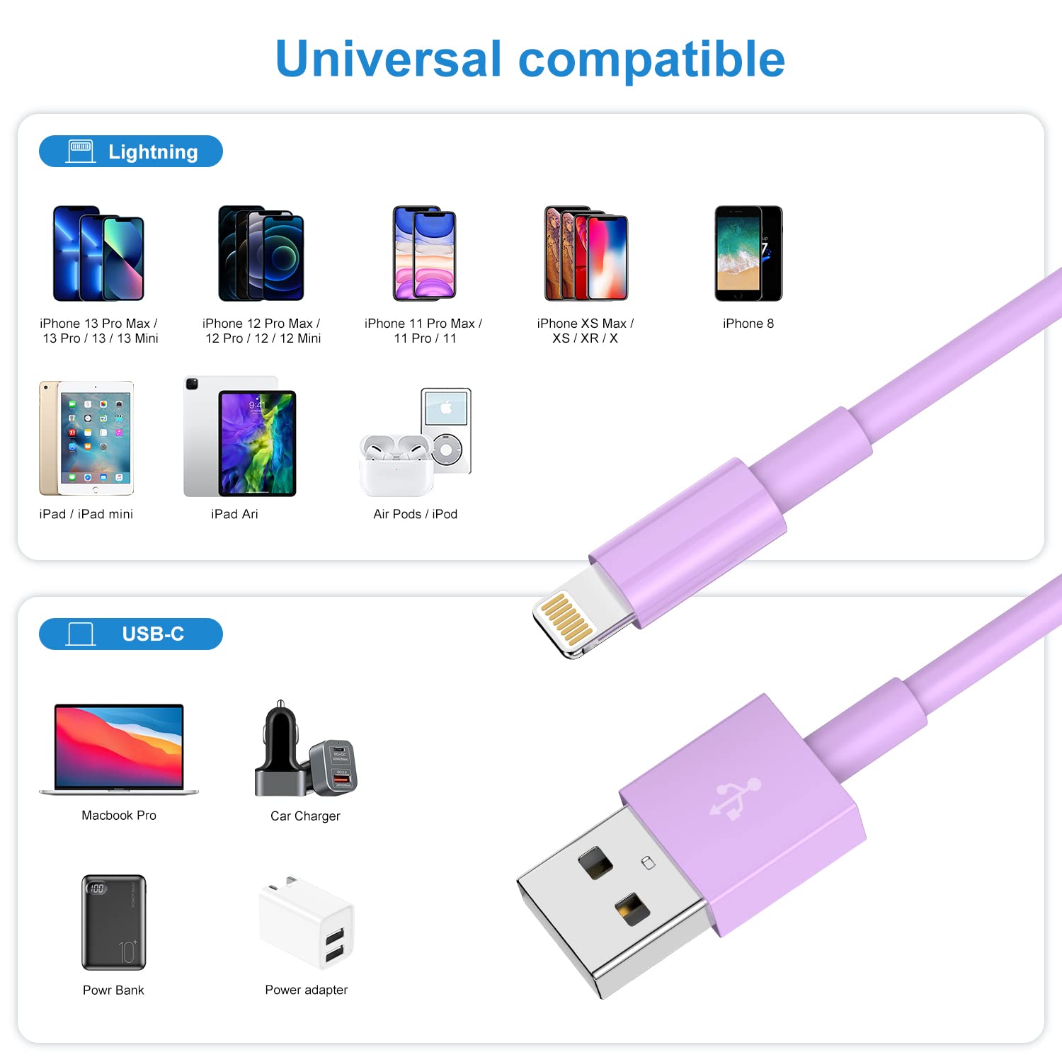 iPhone Charger Cable 10 Ft [Apple MFI Certified], QZIIW 3Pack 10 Feet Long USB to Lightning Cable, Apple Charging Power Cord 10 Foot for iPhone 14 13 12 11 Pro Max Mini XR X 9 8 7Plus 6 6s ipad-Purple