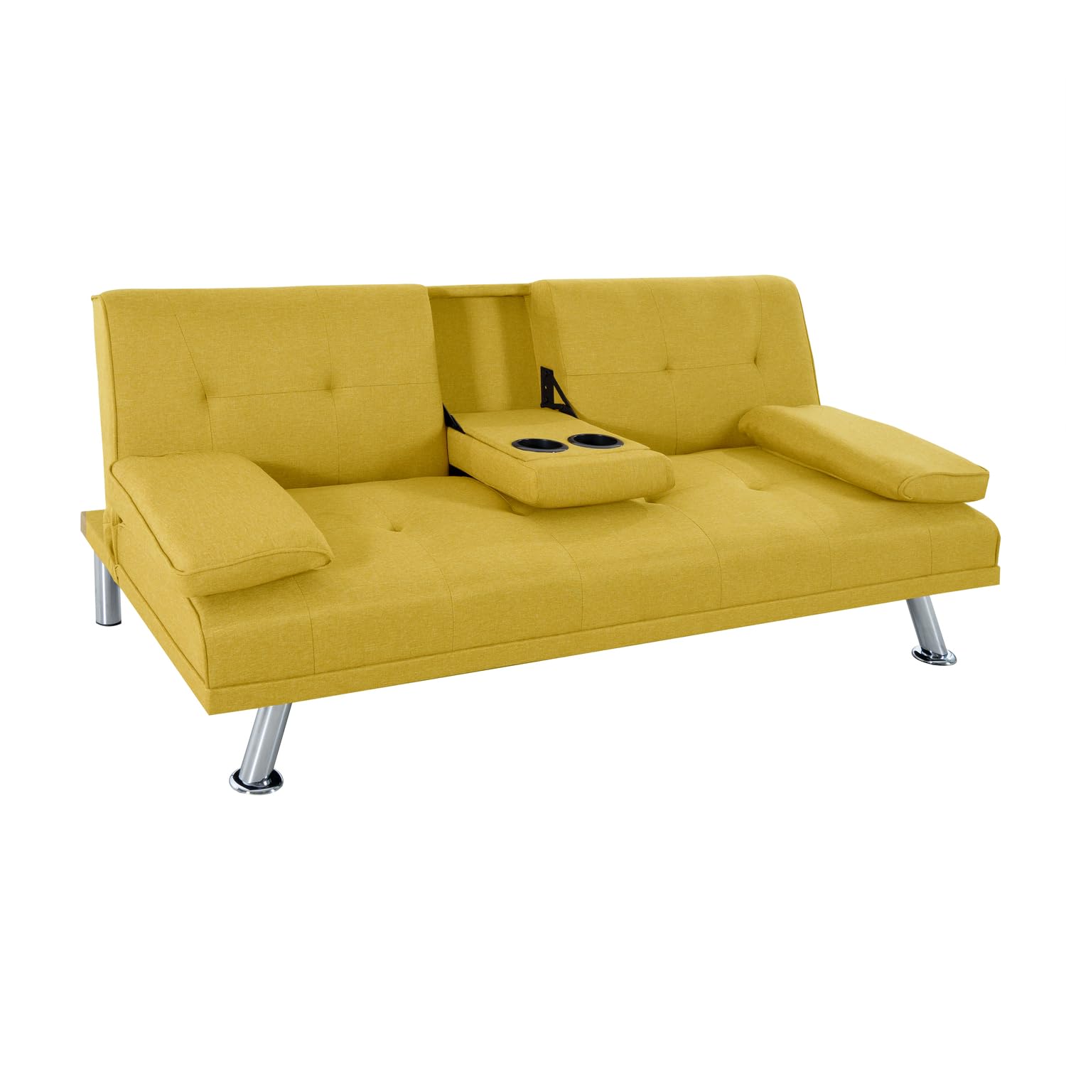 Naomi Home Transform Your Living Space with Comfort Green Futon Sofa Bed with Armrest, Cupholders, & Reclining Function, Ideal for Cozy Living Rooms! Sofa Bed Couch with Metal Legs, Yellow Linen