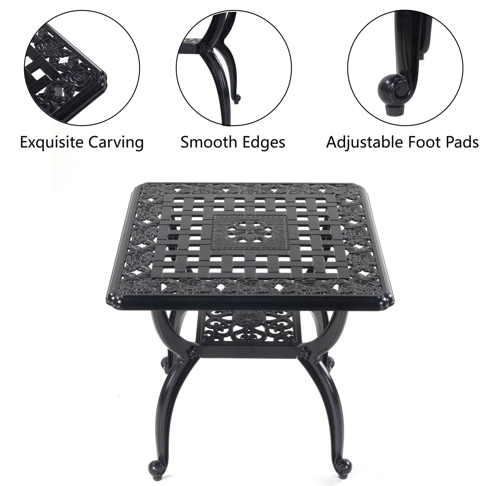 Mandolin Outdoor Patio Table,Rust -Resistant Cast Aluminum Side Table,Weather Resistant End Table,Coffee Table, Perfect for Patio, Backyard Or Garden. (Aluminum Square, Black)