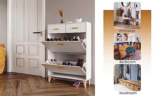 Wildhome Shoe Cabinet,20 Pair Freestanding Shoe Rack Storage Organizer with 2 Flip Door,2-Tier Shoe Storage Cabinet for Heels, Boots, Slippers (White)