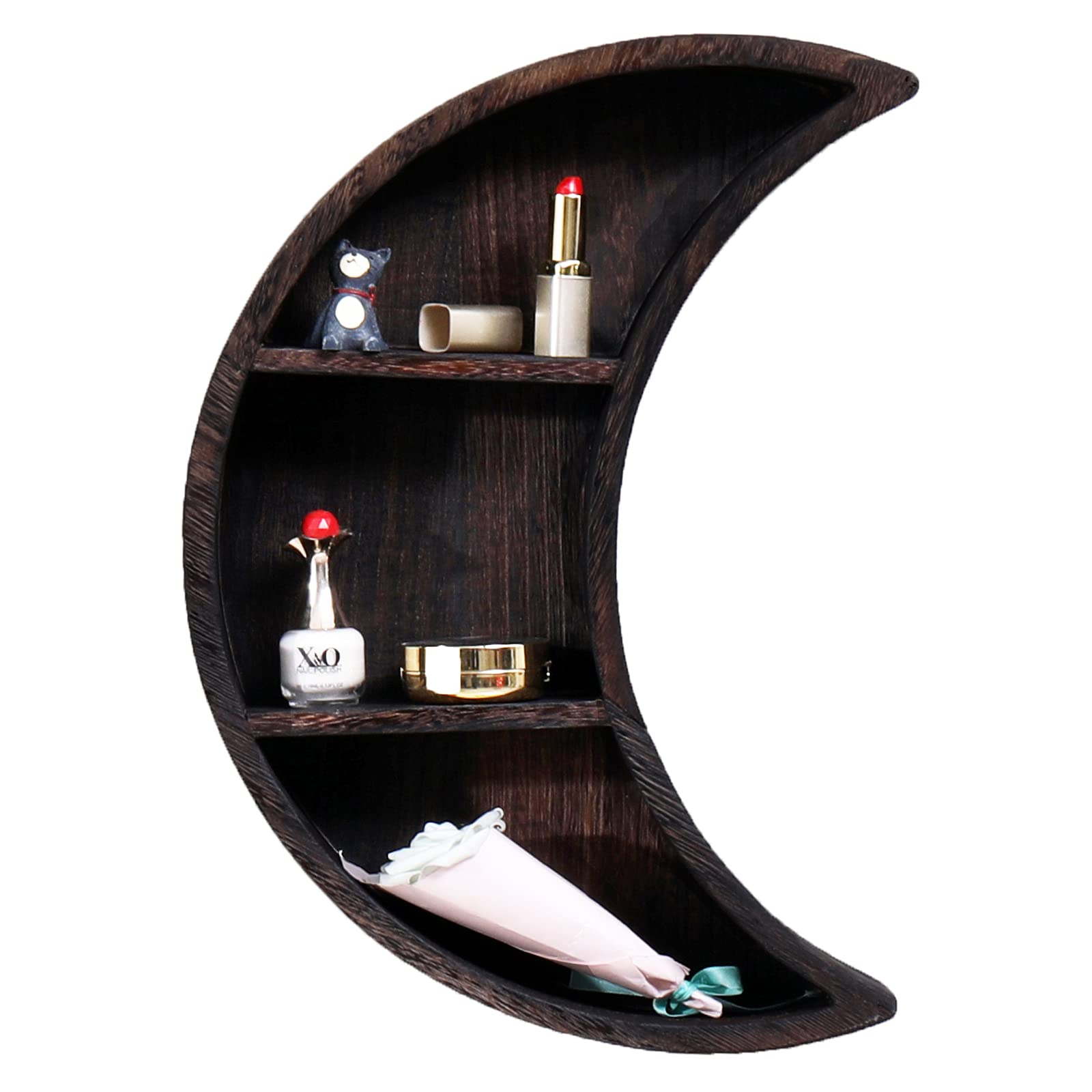 Wall Mounted Moon Shelf-Solid Wood Crystal Shelf，Distressed Antique Finished Storage Holder,Farmhouse Hanging Disaplay Shelves for Living Room,Bedroom(Burnt Color)