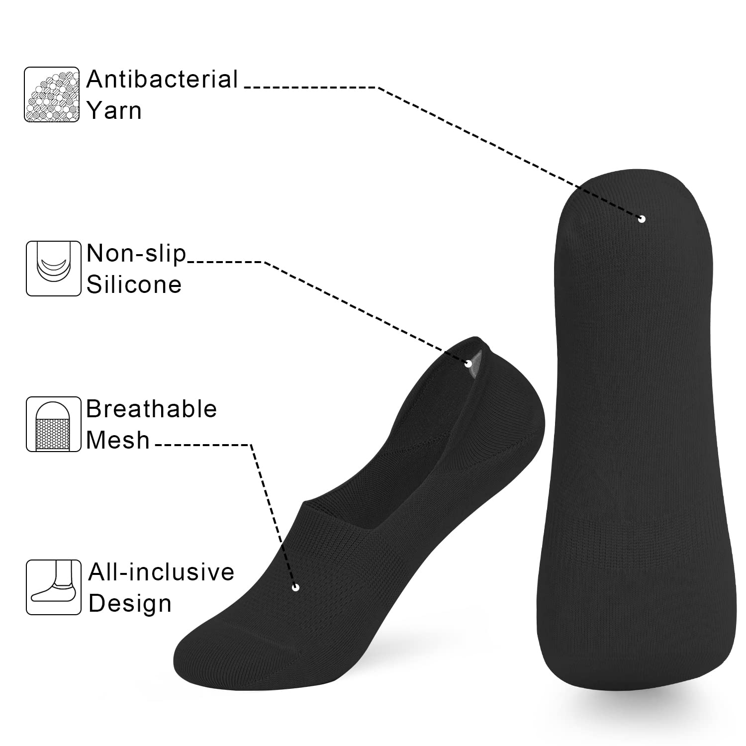 Hi Clasmix No Show Socks Womens Low Cut Breathable Liner Non Slip for Flats Boat Invisible Summer Hidden Socks (5 Pairs White)