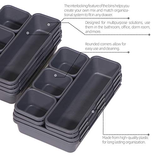 Set of 12 Interlocking Desk Drawer Organizer Tray Dividers Plastic Shallow Narrow Drawers Organizers Separators and Storage Bins Container for Kitchen Bathroom Makeup Office Vanity Bedroom Dresser