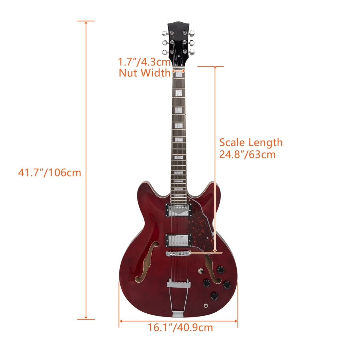 Ktaxon 6 String Electric Guitar, Semi-Hollow Body Full-Size Standard Jazz Electric Guitars Kit with Shoulder Strap, Bag, Cable, Plectrum for Beginner Professional (Wine Red)