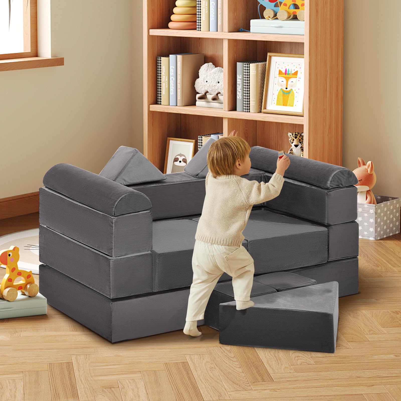 TITIMO 12Pcs Kids Modular Play Couch, Kids Sofa Couch Toddler Couch, Convertible Foam Couch Play Set for Creative Child, Kids Furniture for Playroom