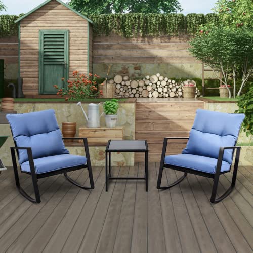 Wallowsun 3-Piece-Set Bistro Set Patio Set Outdoor Furniture with 2 Black Wicker-Top Rocking Chairs Going with Cobalt Blue Cushions and 1 Glass-Top Table for countyard,Poolside