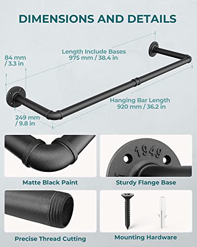 OROPY Industrial Pipe Clothes Rack Wall Mounted Set of 2, 38.4 inches Heavy Duty Iron Pipe Clothing Garment Rail, Multi-Purpose Clothing Hanging Rod for Laundry Room and Closet Storage