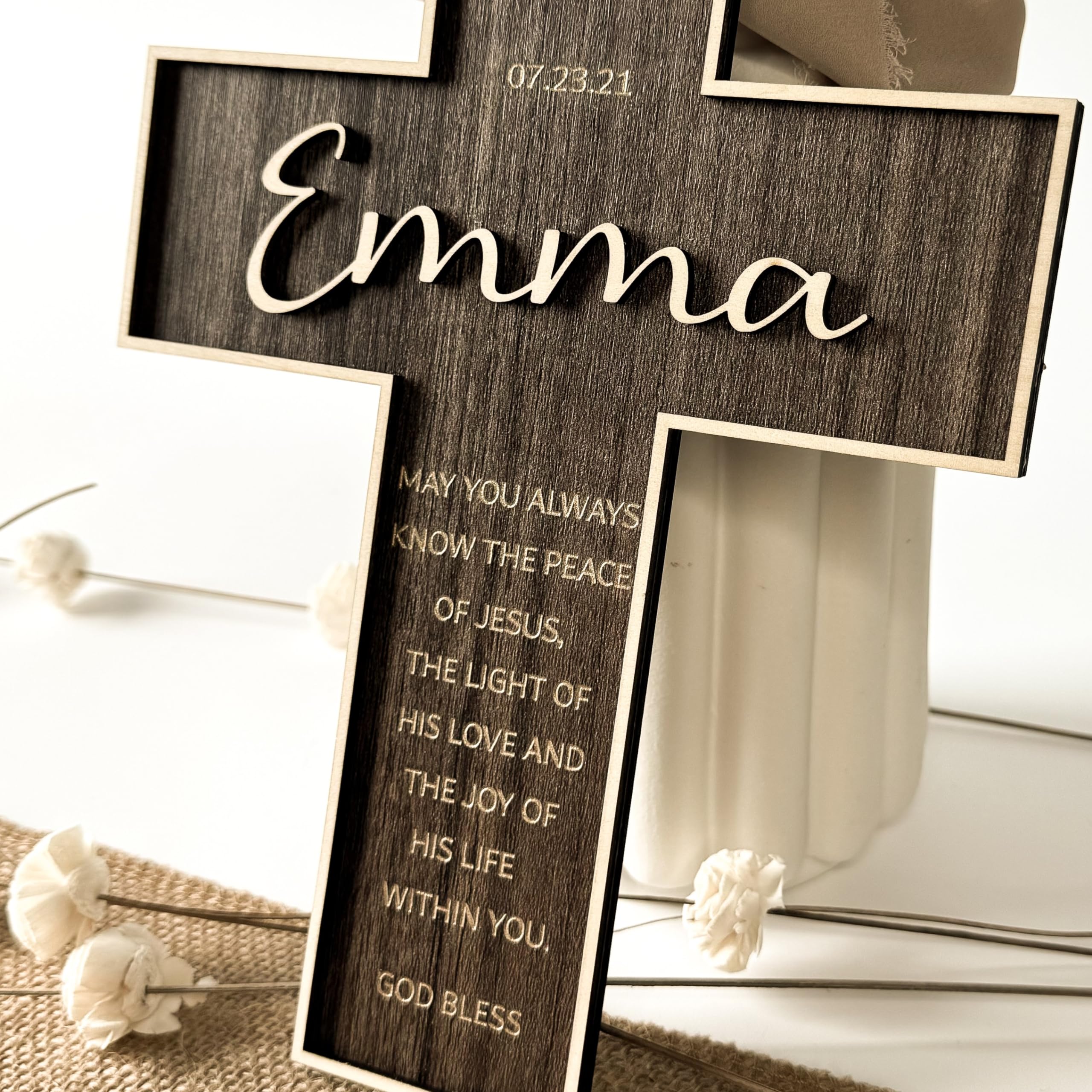 Personalized Engraved Wood Cross, Christian Wooden Cross for Baptism, Holy Communion, Confirmation or Newborn Gift Keepsake with Custom Name and Date with Message (Walnut)