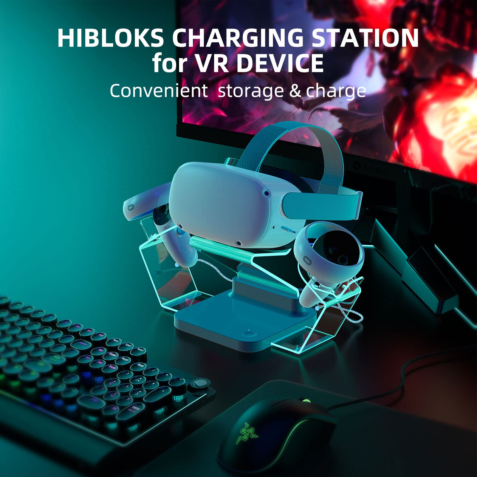 Hibloks Magnetic Charging Station with LED Light for Oculus Quest 2,Oculus Quest 2 Accessories LED Acrylic Station