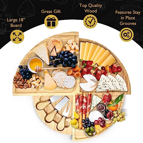 PERLLI Bamboo Cheese Board & Knife Set, Large Folding 18 Inch Round Wood Rotating Charcuterie Board Set Cheese Meat Wine Serving Tray Platter, Home Decor Holiday Gift Set