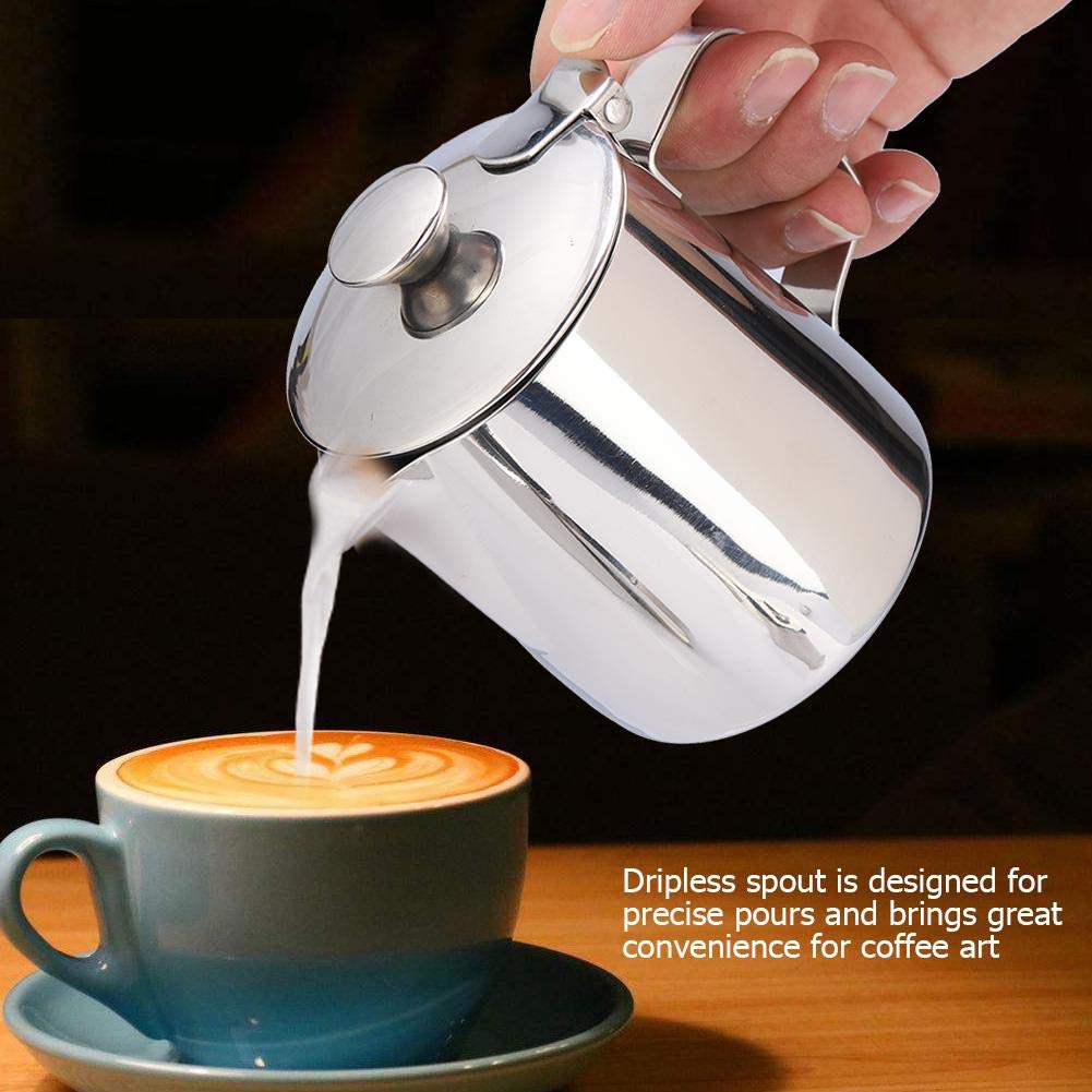 Stainless Steel Milk Frothing Pitcher, Baristas Tools Cup with Lid Espresso Coffee Milk Frothing Jug Latte Art(350ml)