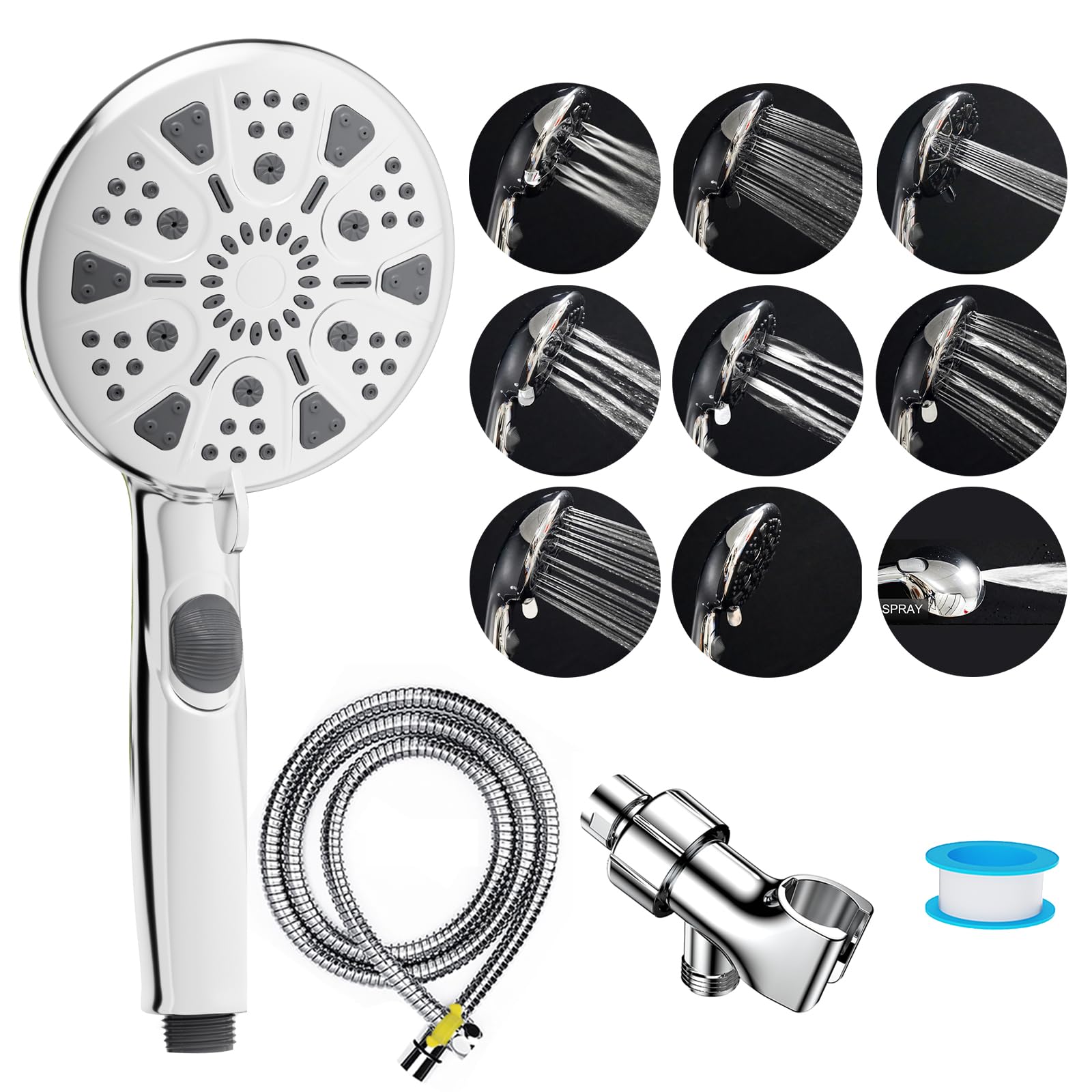 High Pressure Shower Head with Handheld,Anti-Clogging,VIKOBIN Handheld Showerheads Set 9 Modes Spray with 59inch Shower Hose and Teflon Tape, Built-in Power Spray for RV Shower Head,Chrome