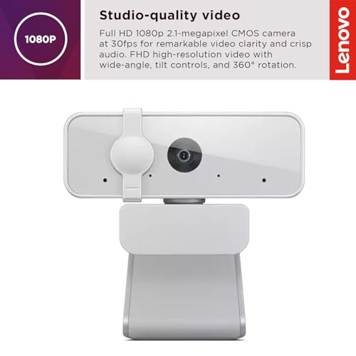 Lenovo HD 1080p Webcam (300 FHD) - Monitor Camera with 95° Wide Angle, 360° Rotation Pan & Tilt, Dual Microphones – Attachable Desktop Cam with Privacy Shutter for Remote Work, Streaming & Gaming
