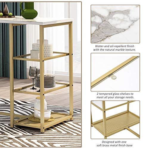 SIYAHOME Table & Chair 3-Piece Modern, Artificial Dining Table Set with Faux Marble Countertop and Bar Stools and 2 Eextra Thick Cushions for Cafe, Pub, Club, White + Gold