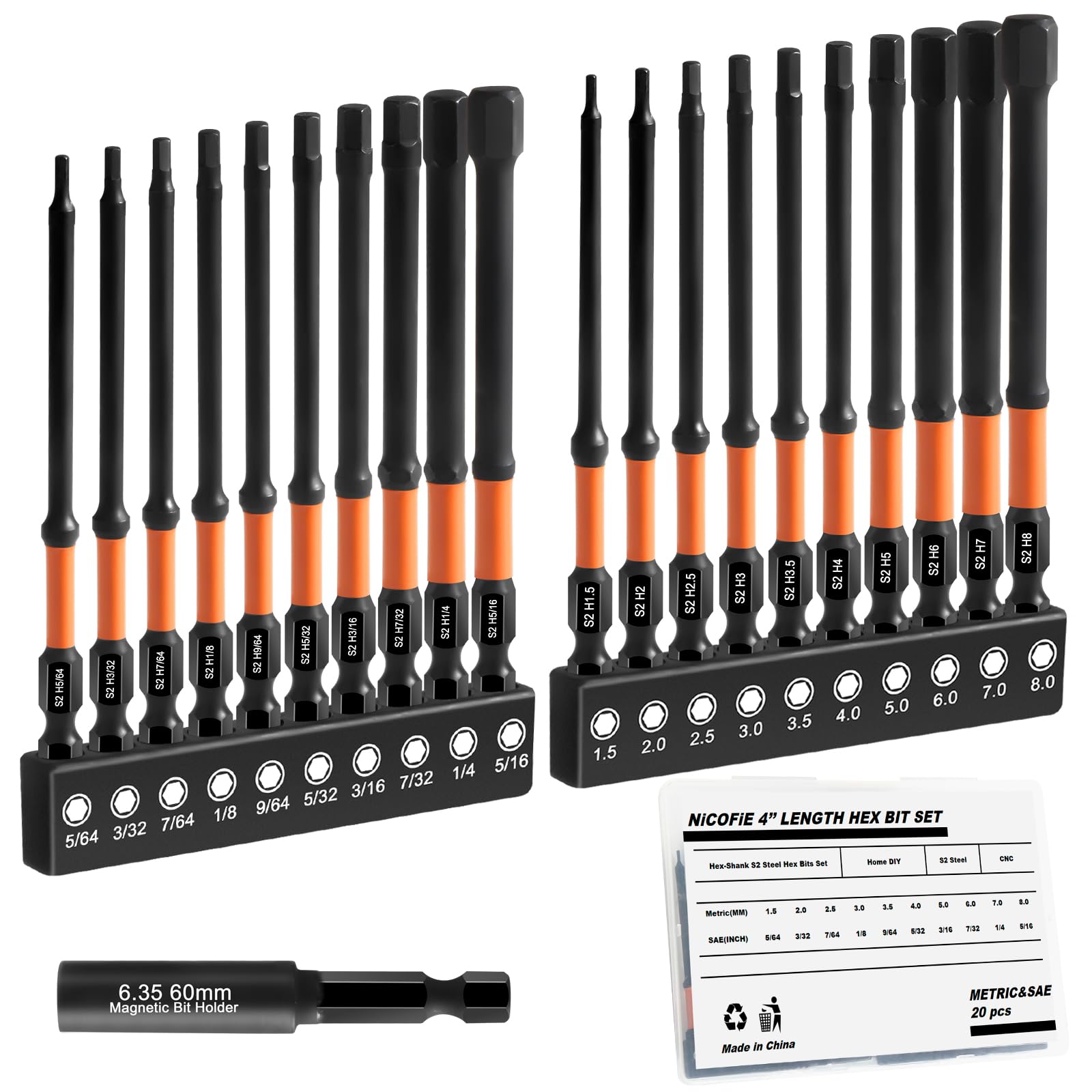 Nicofie Impact 4" Long Allen Wrench Drill Bit Set Hex Bit Set 20pcs (Metric&SAE), 1/4" Hex-Shank S2 Steel Hex Head, CNC Machined Tips with Extension Socket and Storage Box