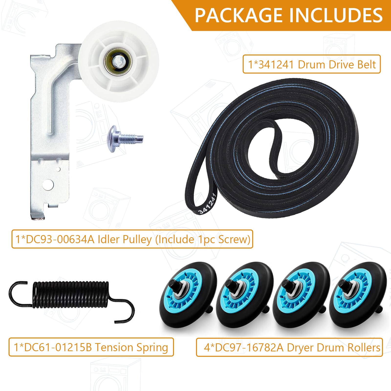 Dryer Roller Repair Kit by Gattaidar with Idler Pulley DC93-00634A, Drum Roller DC97-16782A, Dryer Belt 6602-001655, Compatible with Samsung Replace PS4221885 DV48H7400EW/A2