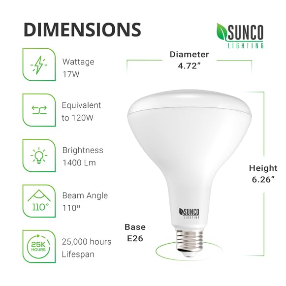 Sunco 6 Pack BR40 Light Bulb, LED Indoor Flood Light, Dimmable, 4000K Cool White, 1400 LM, E26 Base, Recessed Can Light, High Lumen, Flicker-Free - UL & Energy Star, 120W Equivalent 17W
