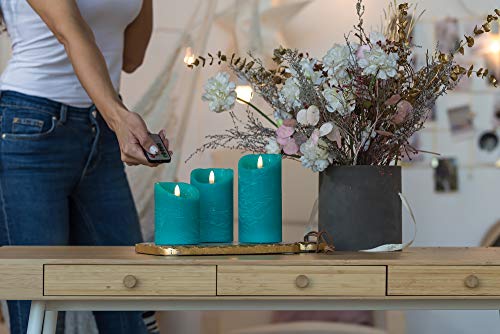Set of 3 Realistic Flameless Turquoise LED Candles with Remote Control - 4'' 5'' 6'' Electric Wickless Pillar Battery Operated Candles with Flickering Flame Timer