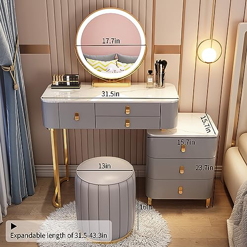 Winfree Makeup Vanity Table with 5 Solid Wood Drawers and Vanity Chair, 3 Color Light Adjustable Brightness, Including LED Makeup Mirror,for Family Bedroom, for Her (31.5β)