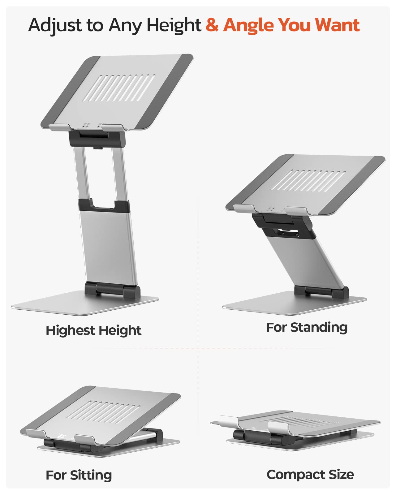 Ergonomic Laptop Stand for Desk, Sit to Stand Laptop Riser, Adjustable Height up to 21", Standing Computer Stand, Promote Healthy Posture Compatible with MacBook Air Pro, All Laptops 10-17"-Silver