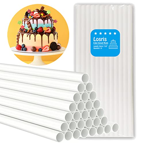 Losris White Plastic Cake Dowel Rods for Tiered Cake Supports 0.4 Inch Diameter Cake Sticks for Stacking Round Cake Straws (9.5inch-12pieces)