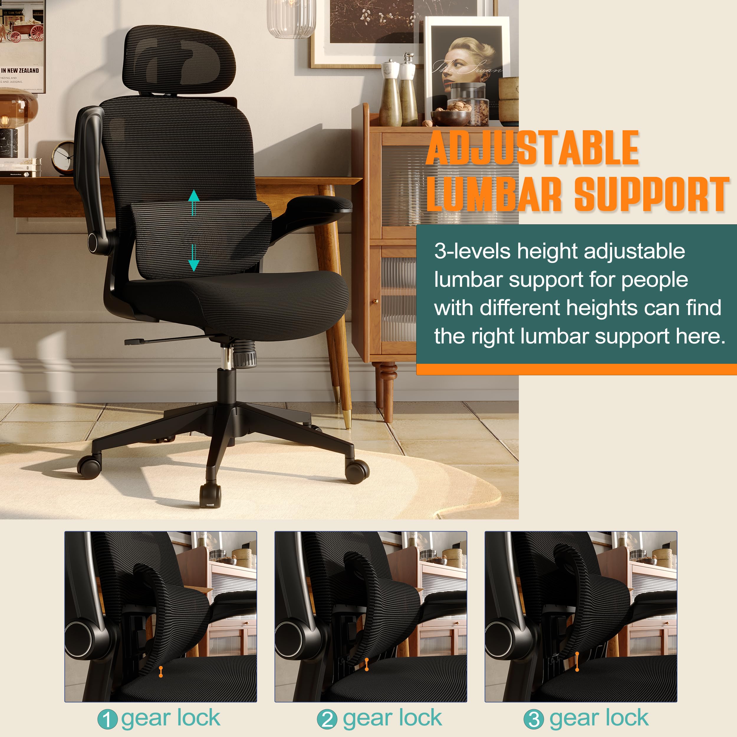 Ergonomic Office Desk Chair, High Back Mesh Chair with Flip-Up Arm, Headrest, Swivel Rolling Wheel, Adjustable Lumbar Support, Big and Tall Comfy Computer Gaming Task Chairs for Adults