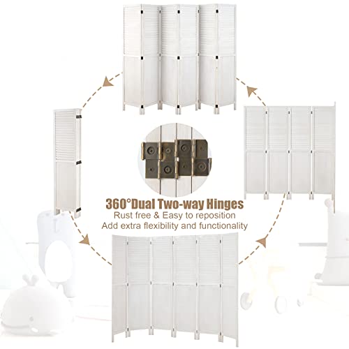 Vicluke 6 Panels Room Divider with 360 Degree Hinges, 5.6 FT Wood Folding Privacy Screen, Freestanding Partition Wall Dividers for Office, Home, Christmas Decor(White)