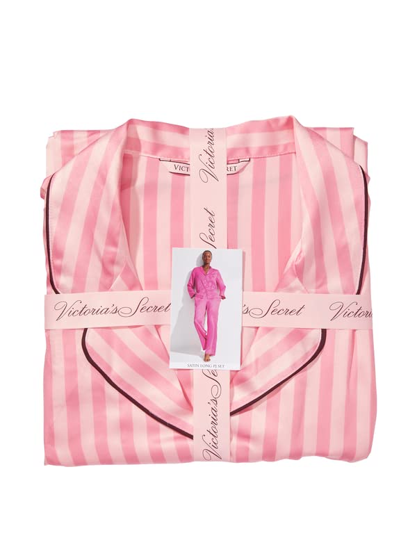 Victoria's Secret Silky Satin Two Piece Long Pajama Set, Satin Fabric, Unlined, Women's Pajamas, Pink (M)