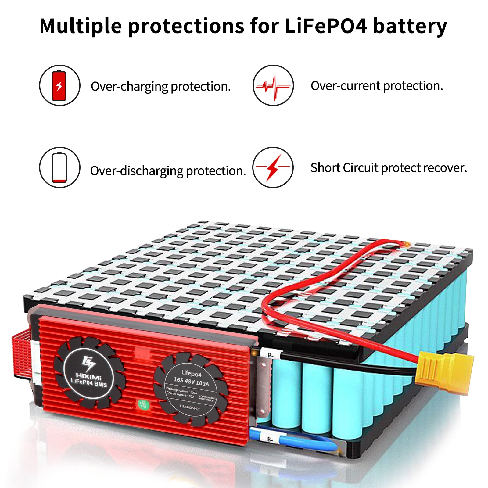 HiXiMi LiFePO4 BMS 16S 48V 200A Lithium Iron Phosphate Battery Management System with Cooling Fan and Balance Leads Wires for DIY LiFePO4 3.2V Battery Cells